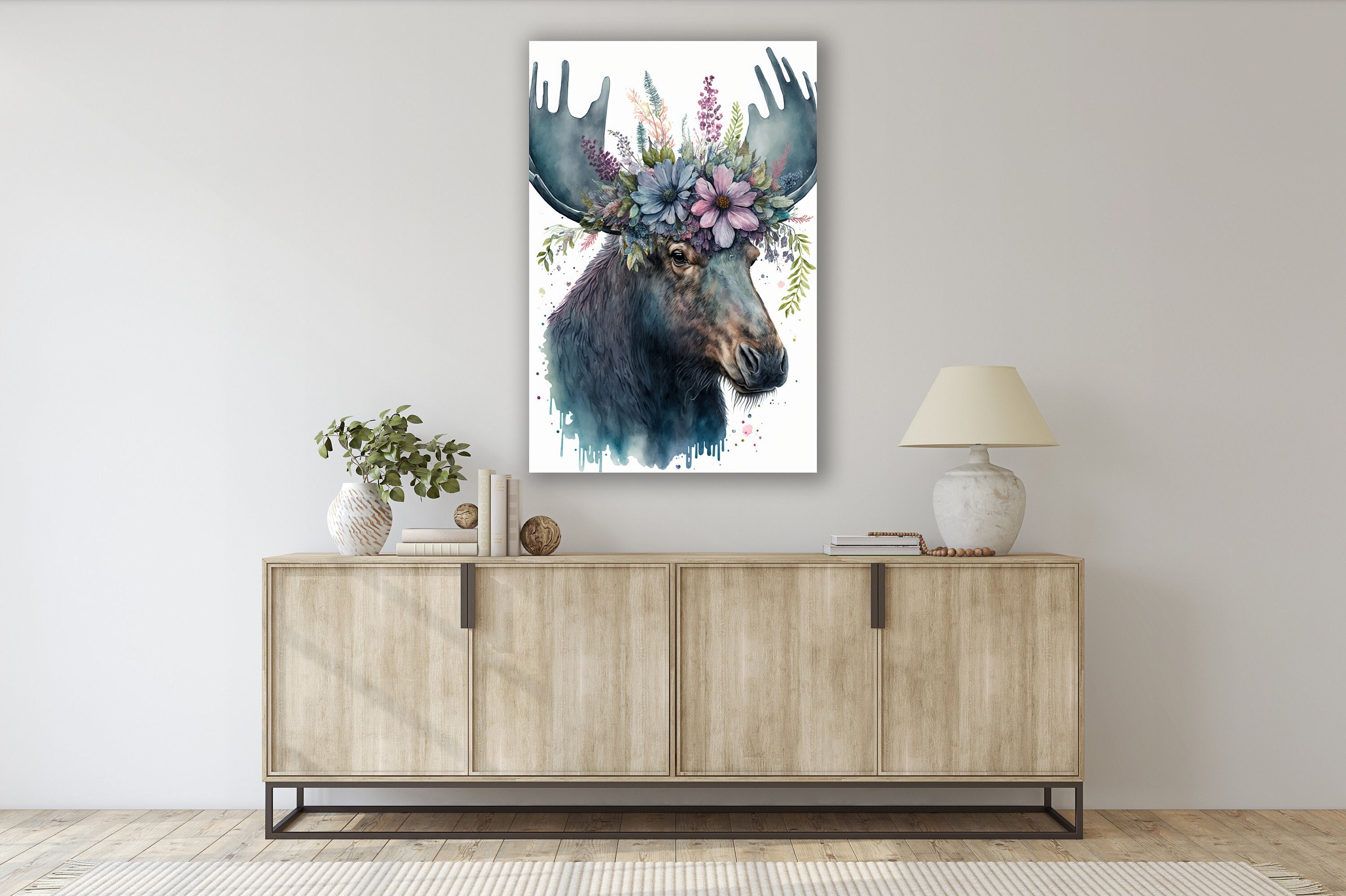 Floral Moose Artwork, Moose Wall Decor, Moose Canvas Print , Moose ...