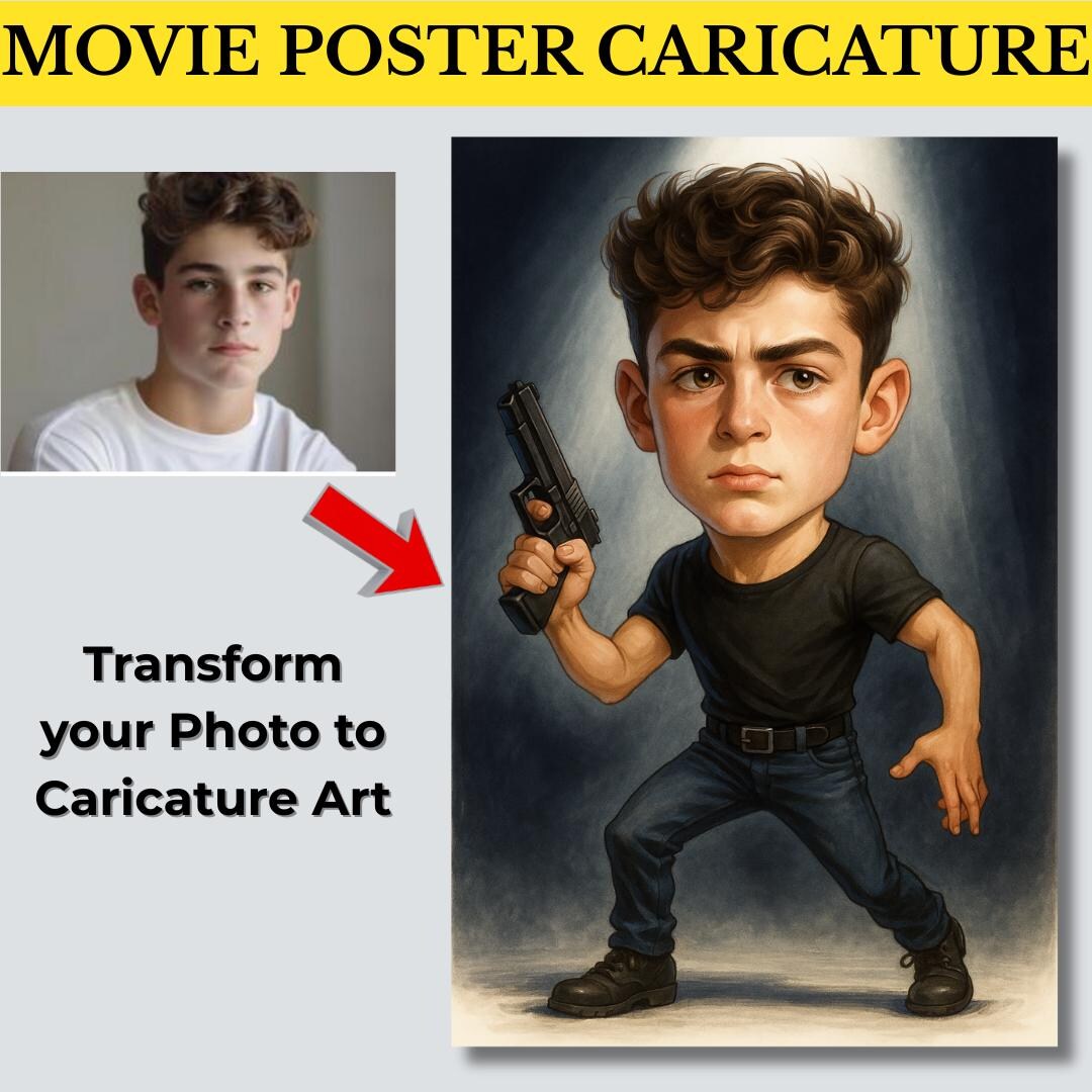 Custom Movie Poster Caricature, Hollywood Movie Art Gift, Action Scene ...