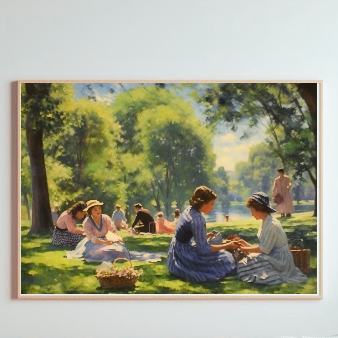 Vintage Picnic Scene Printable Wall Art Poster | Picnic Art Print Oil ...