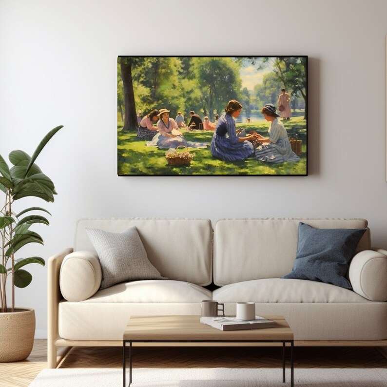 Vintage Picnic Scene Printable Wall Art Poster | Picnic Art Print Oil ...