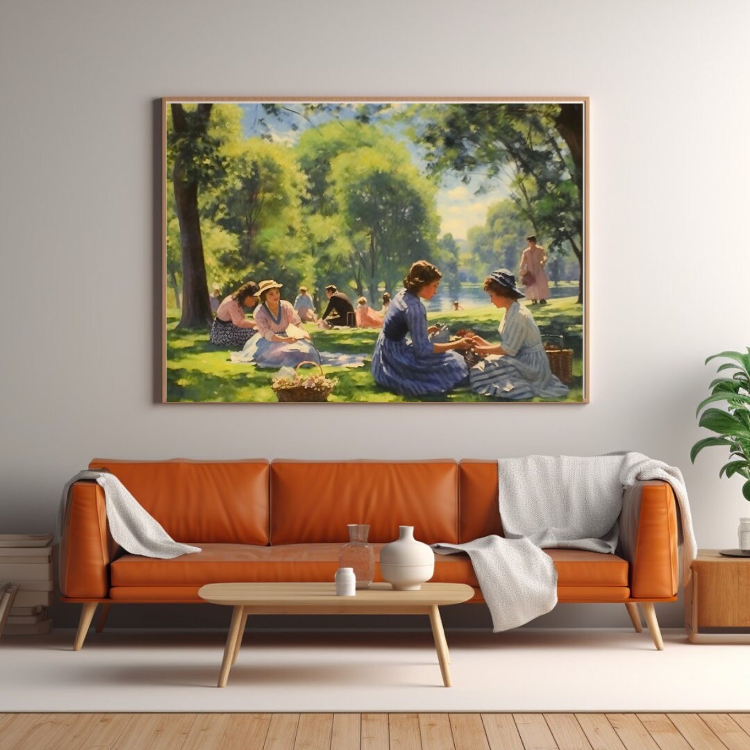Vintage Picnic Scene Printable Wall Art Poster | Picnic Art Print Oil ...