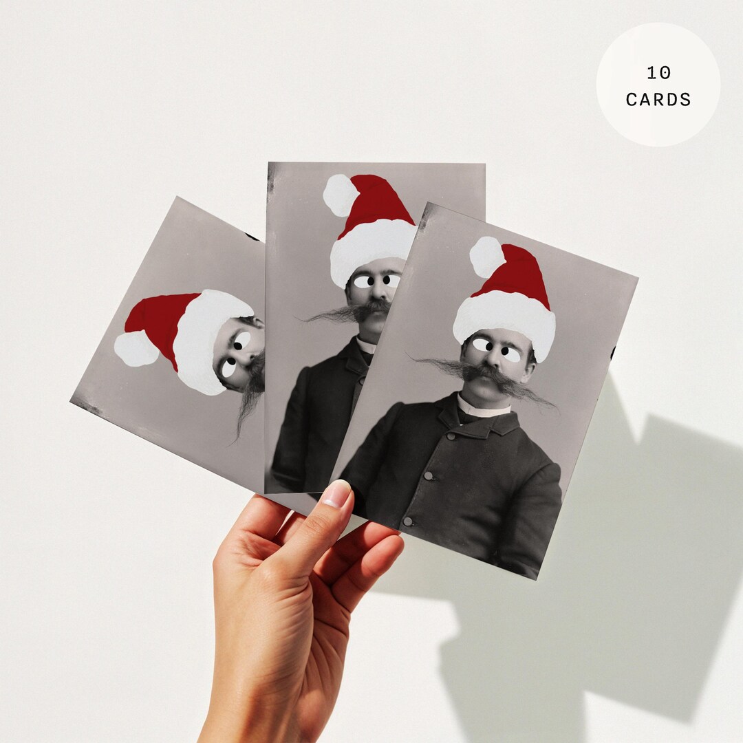 Mustachioed Santa Art Cards Pack of 10 With Envelopes Altered Art of a ...