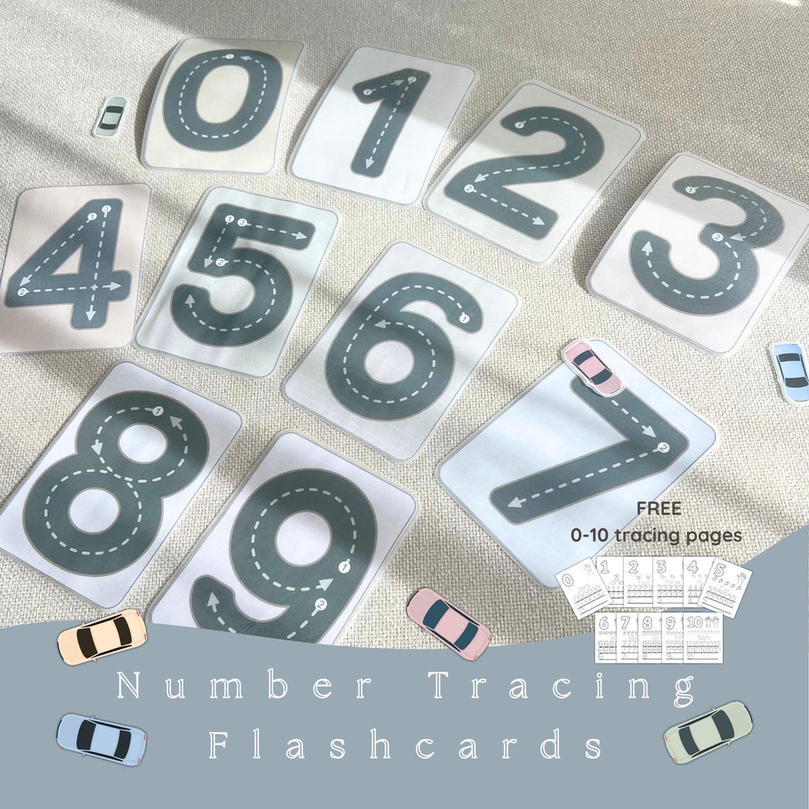 Preschool Number Tracing Flashcards: Montessori Learning Cars & Roads ...