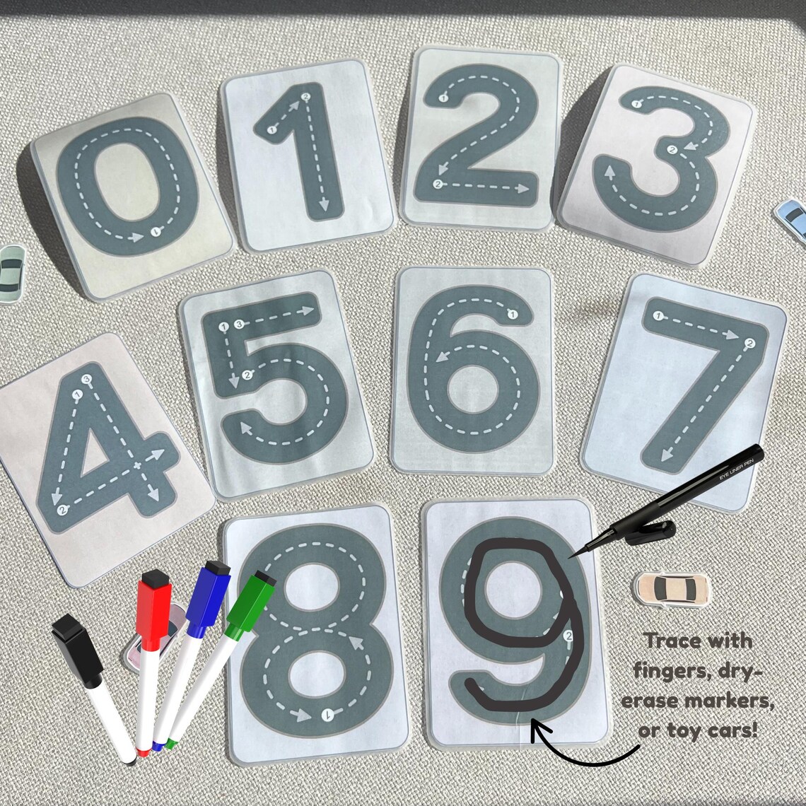 Preschool Number Tracing Flashcards: Montessori Learning Cars & Roads ...