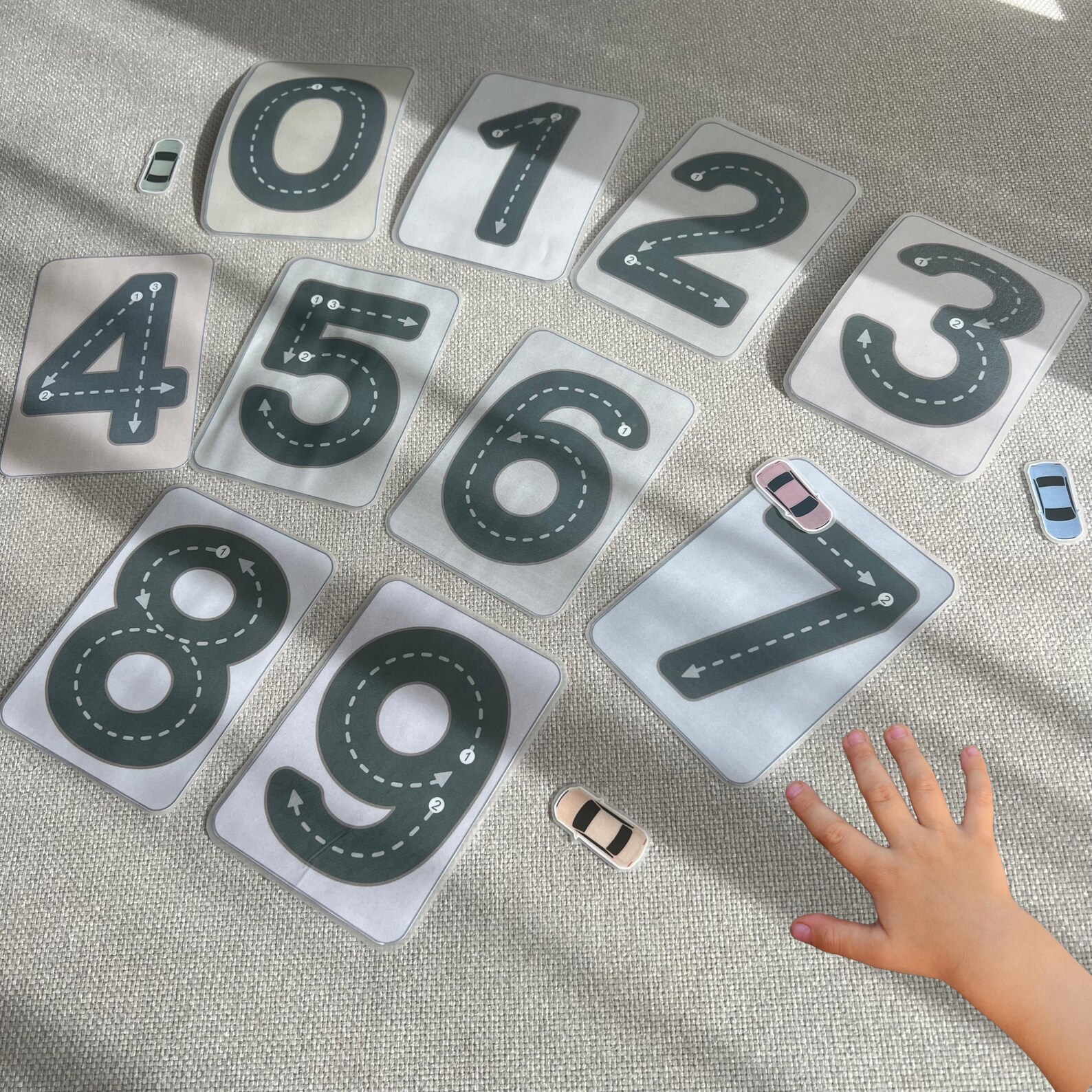 Preschool Number Tracing Flashcards: Montessori Learning Cars & Roads ...