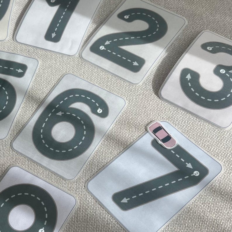 Preschool Number Tracing Flashcards: Montessori Learning Cars & Roads ...