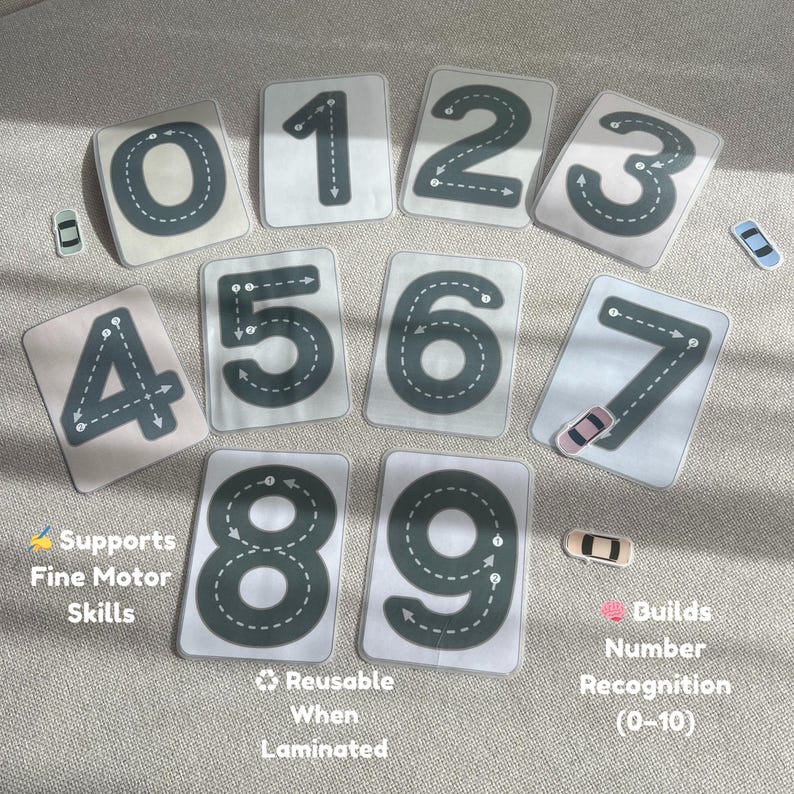 Preschool Number Tracing Flashcards: Montessori Learning Cars & Roads ...