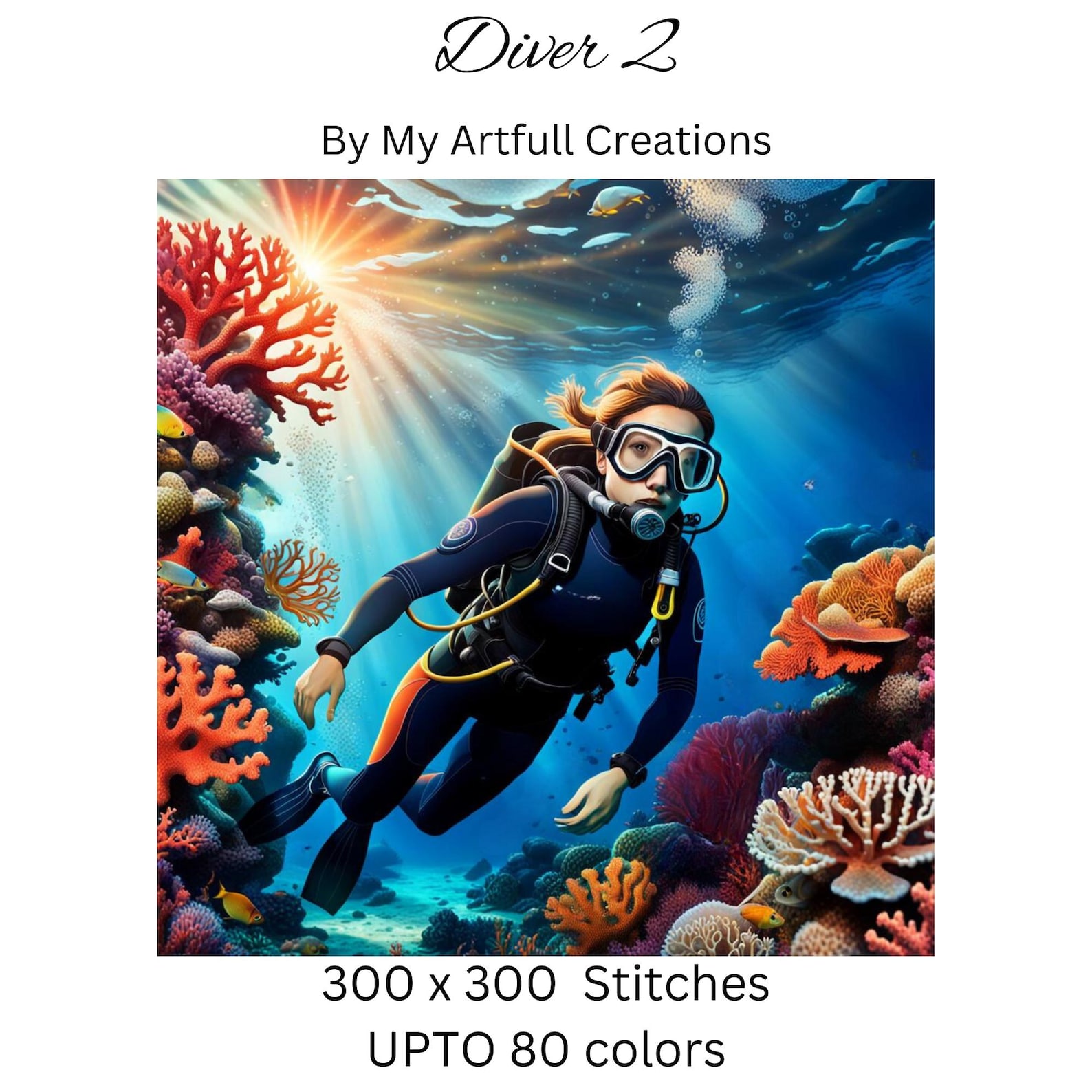 Diver 2, Ocean Scuba Diver Cross Stitch Design, Underwater Needlepoint ...
