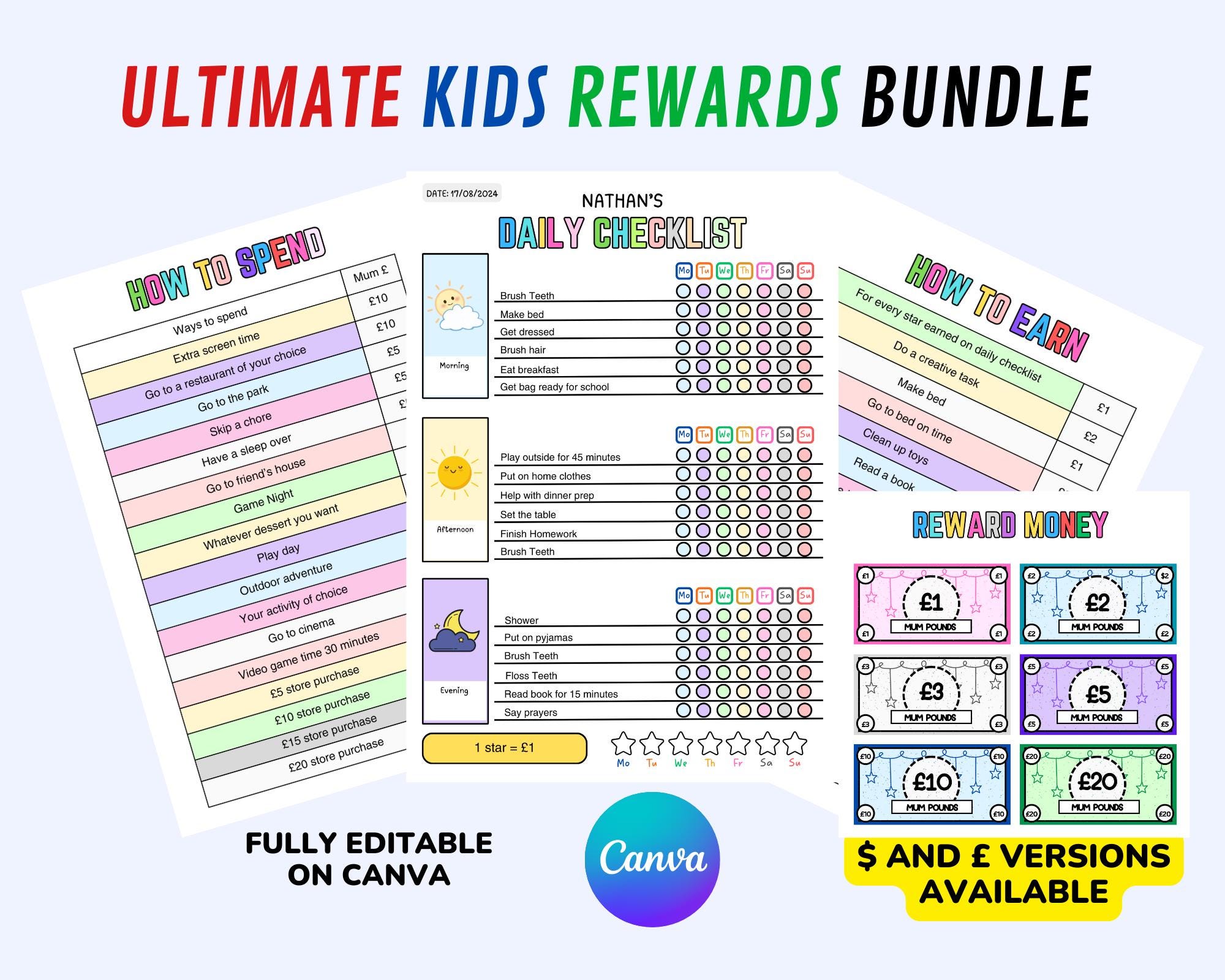 KIDS REWARD CHART. Fully Editable Kids Reward Bundle With a Daily ...