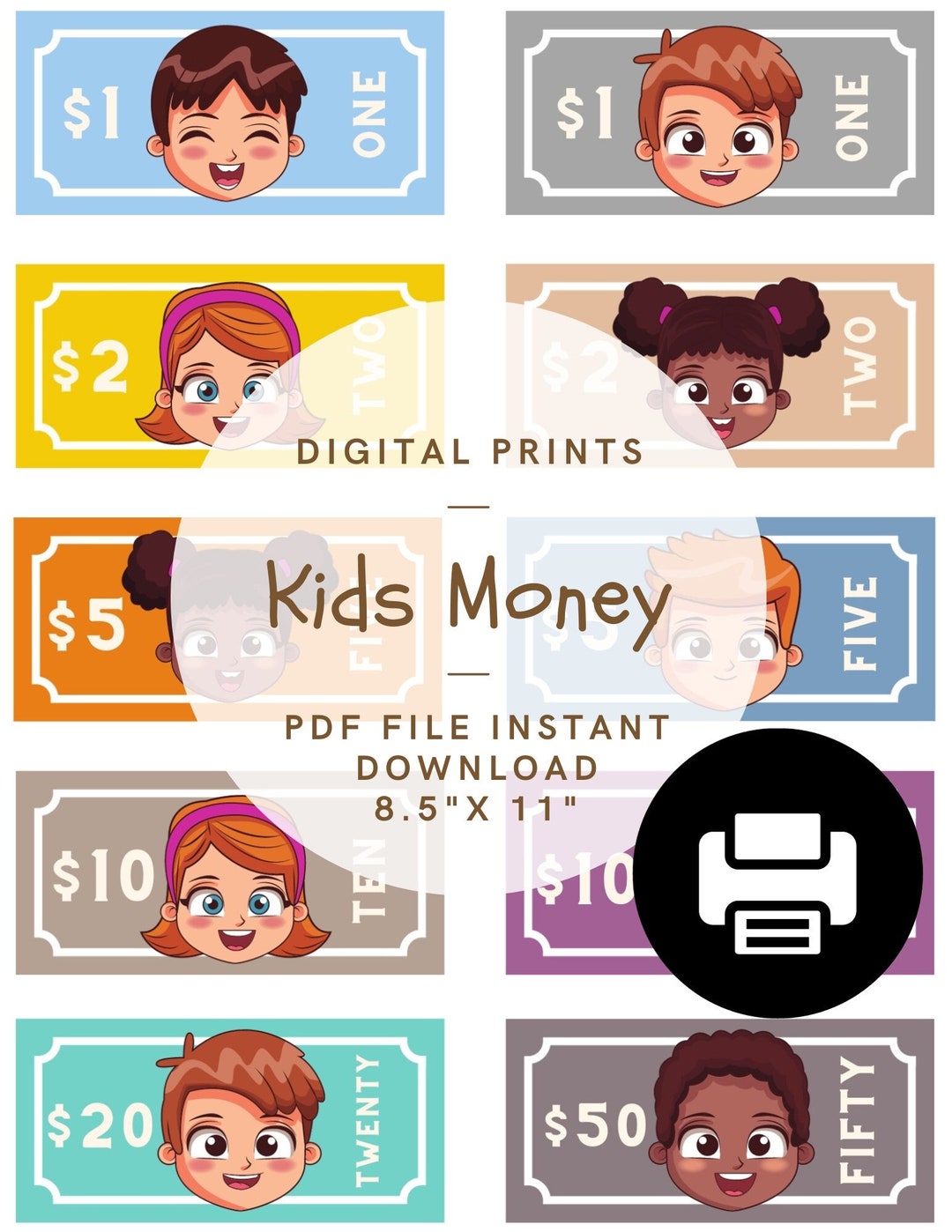 Kids Pretend Play Money Digital Print Allowance Money to Encourage ...