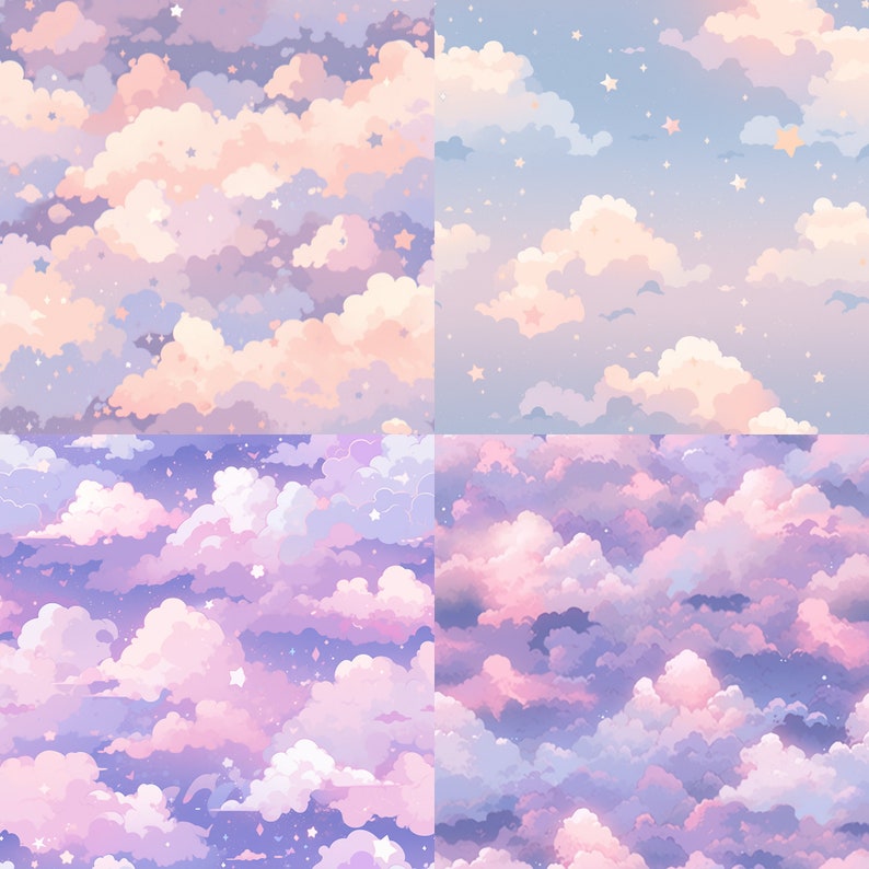 Seamless Clouds Pattern PNG BUNDLE Digital Paper, Pastel Colors Dreamy ...