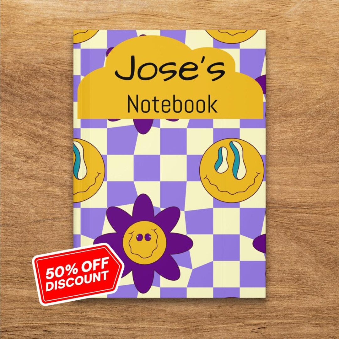 Cute Happy Face Flower Notebook, Fun Purple and Yellow Checkered ...