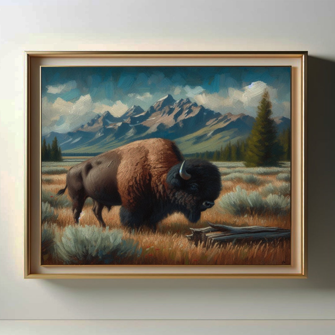 Western Bison Wall Art Bison in Montana Forest Landscape Rustic Home ...