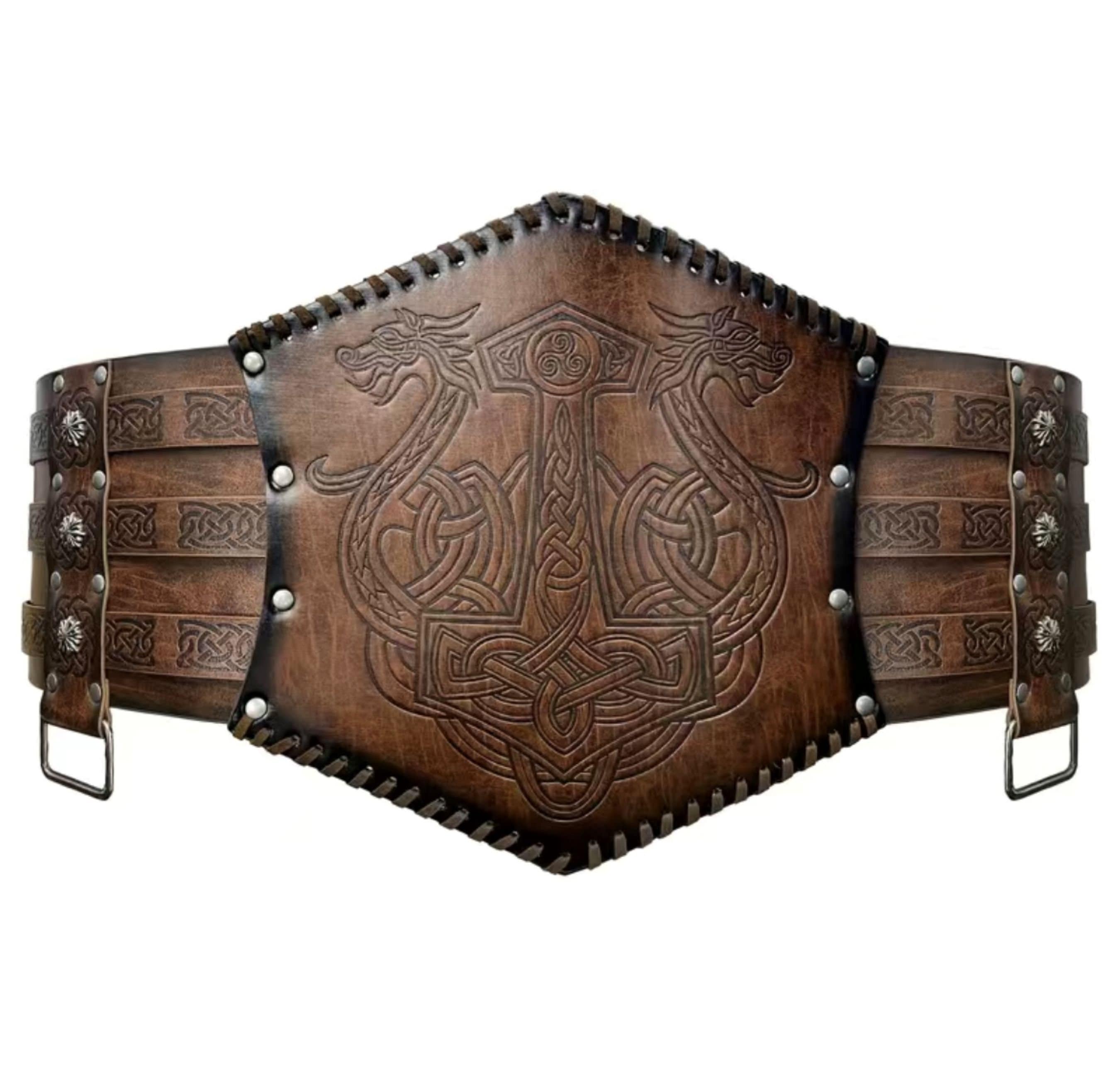Viking Wide Faux Leather Belt, Viking Art Printing Double Buckle Rivet ...