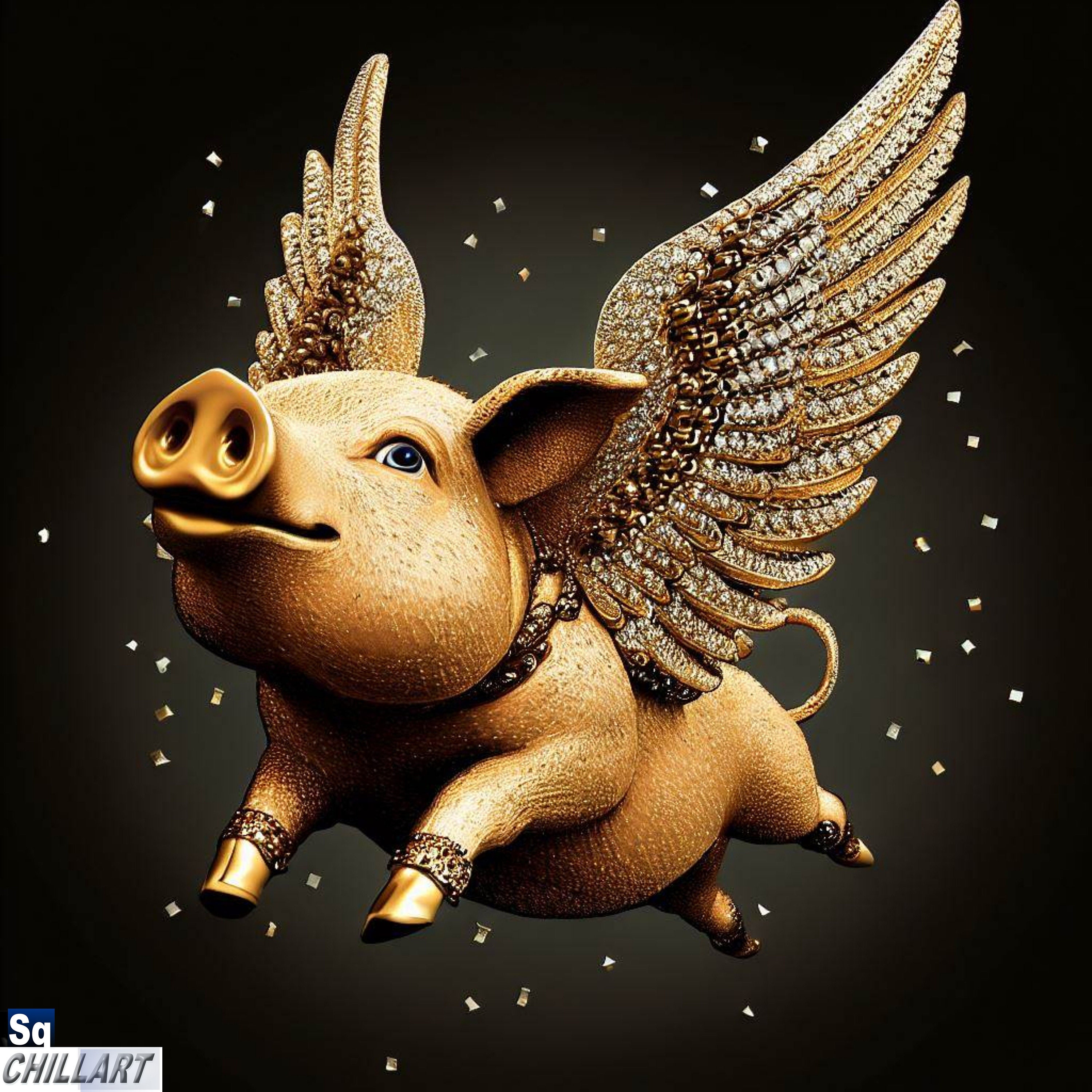 A Gold Pig With Diamonds Flying, Digital Art Print for Your Wall Décor ...