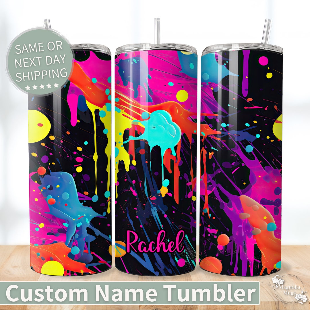 Personalized Paint Splatter Tumbler, Custom Name Neon Color Travel Mug ...