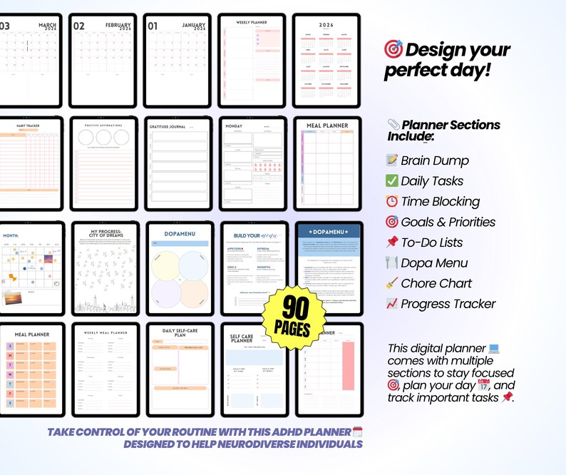 ADHD Planner Digital Printable With Brain Dump, Time Management ...