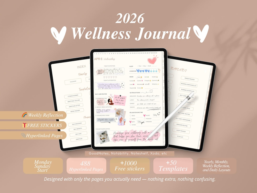 Wellness Journal 2026 | Hyperlinked Digital Planner for Daily Self-care ...