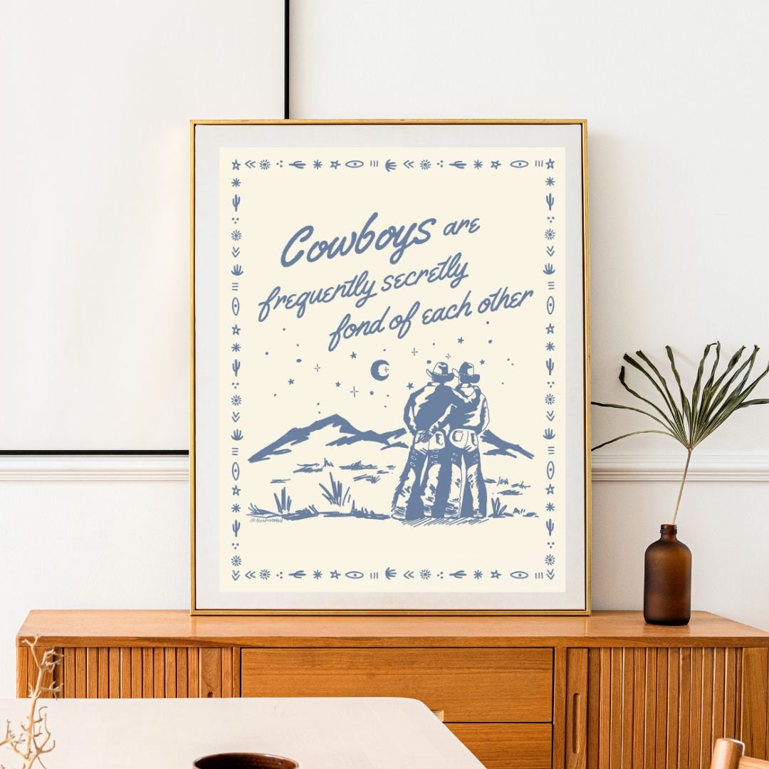 11x14in Western Line Art Print, Western Cowboy Print, Blue and White ...