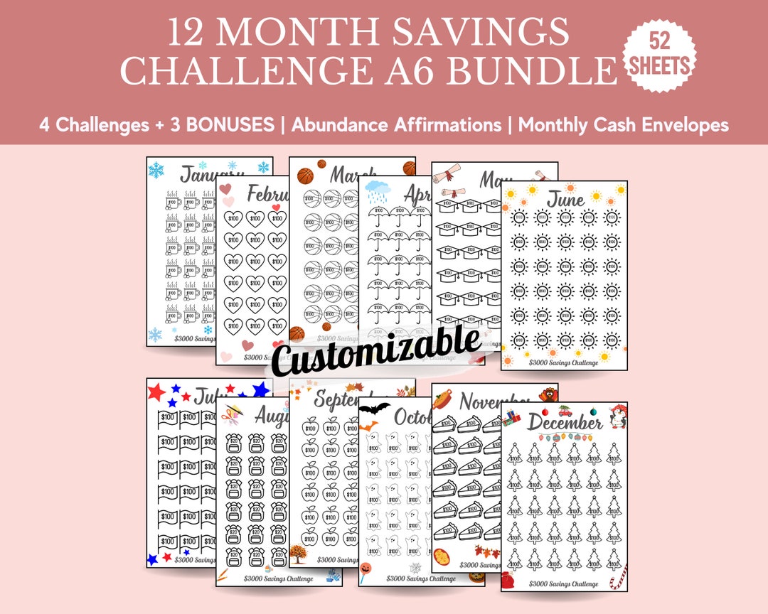 3k Savings Challenge - Make Your Own Custom Challenge | 12 A6 Monthly ...