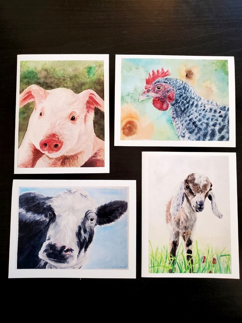 Set of Four Farm Animal Cards - Etsy