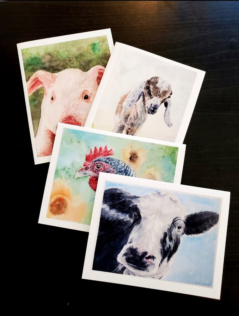 Set of Four Farm Animal Cards - Etsy