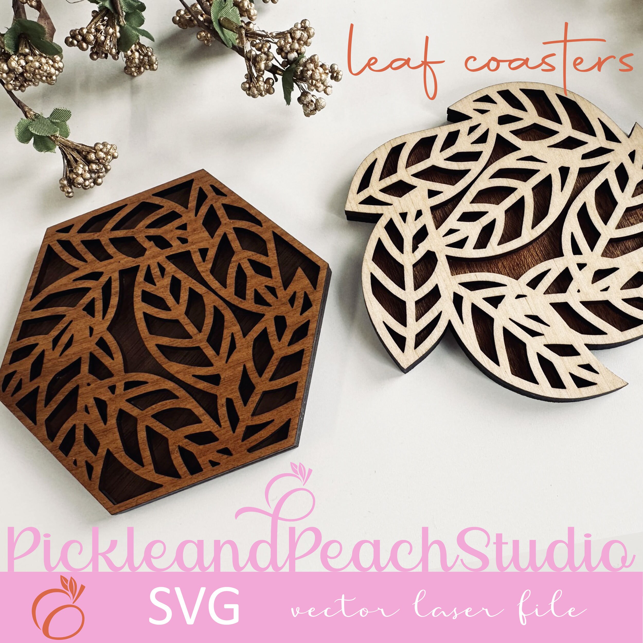 Hex-shaped Leaf Coasters Vector File for Laser Cutting, 10 Variations ...