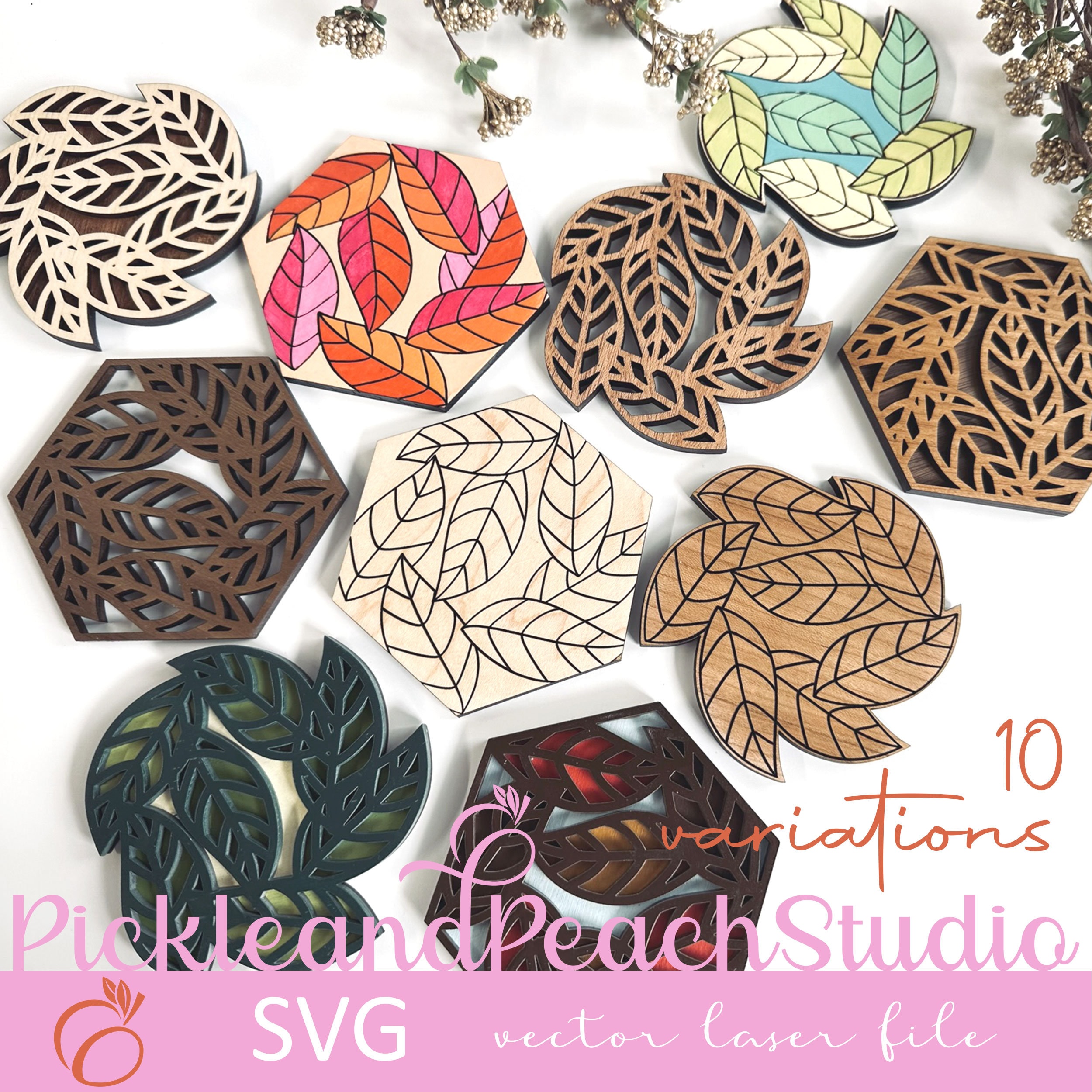 Hex-shaped Leaf Coasters Vector File for Laser Cutting, 10 Variations ...
