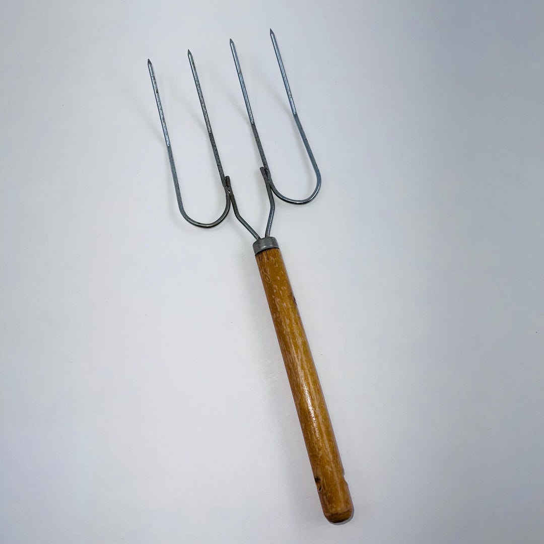 Vintage Large Fork, Primitive Serving Fork, Wood Handle 4 Prong Fork ...