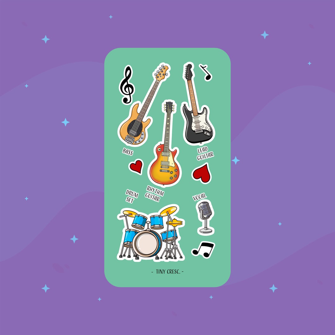 Rock Band Sticker Sheet, Drum Set, Guitar, Bass, Microphone, Rock Music ...