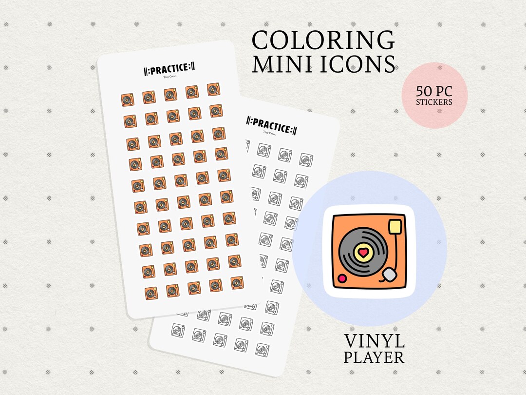 Vinyl Record Player Icon Stickers, Music Planner Stickers, Colourable ...