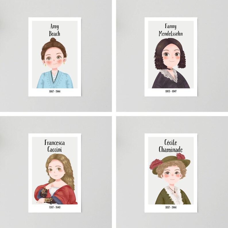 8 Cute Female Composer Postcards, Clara Schumann, Amy Beach, Fanny ...