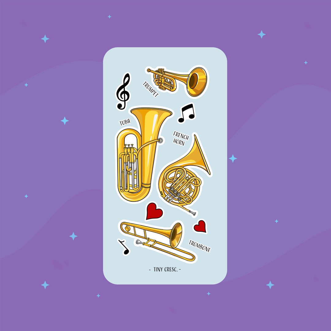 Brass Instrument Sticker Sheet, Trumpet, French Horn, Tuba, Trombone ...