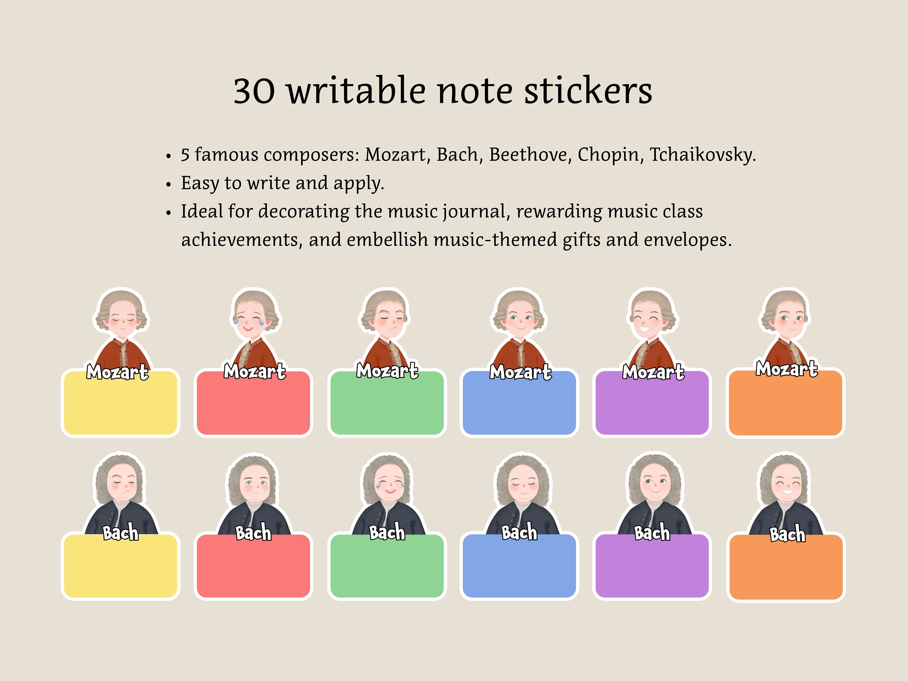 30 Writable Composer Note Sticker, Labels, Music Reward Stickers, Music ...