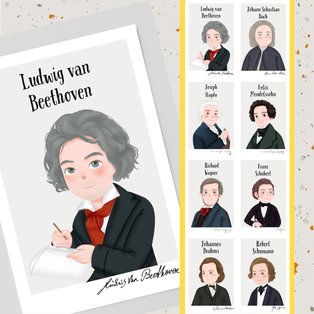 8 Cute German Composer Postcards, Bach, Beethoven, Schubert, Brahms ...