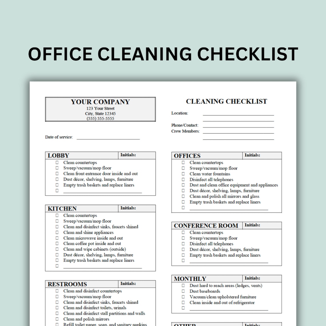 Office Cleaning Checklist | Customizable Word Document and PDF Forms - Etsy
