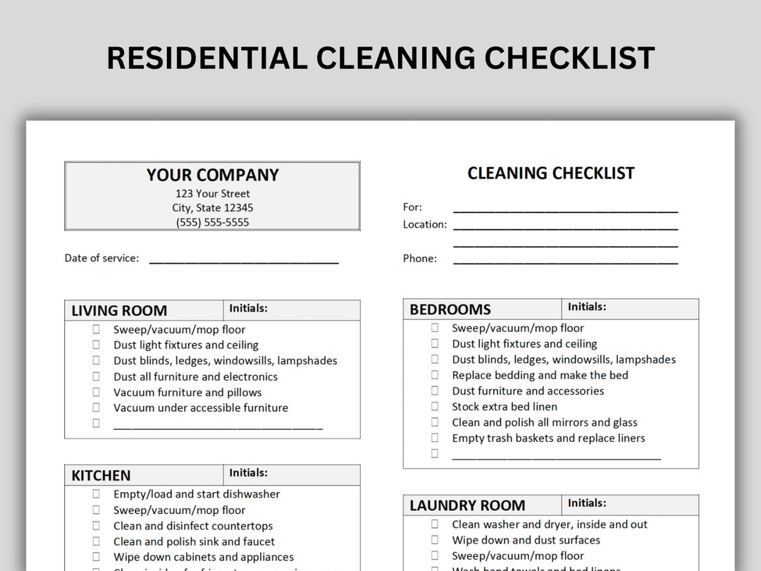 Residential Cleaning Checklist Apartment Cleaning Checklist - Etsy