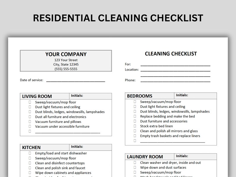 Residential Cleaning Checklist Apartment Cleaning Checklist - Etsy