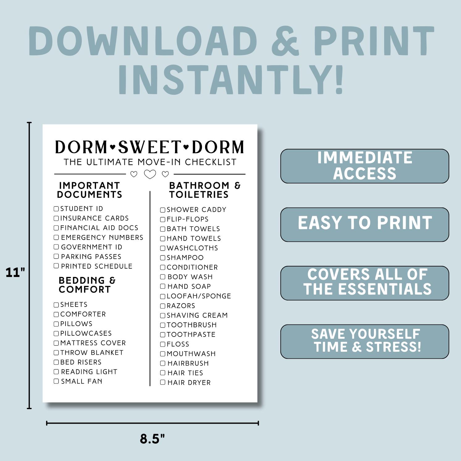 College Dorm Move-in Checklist Printable: Packing Essentials (PDF ...