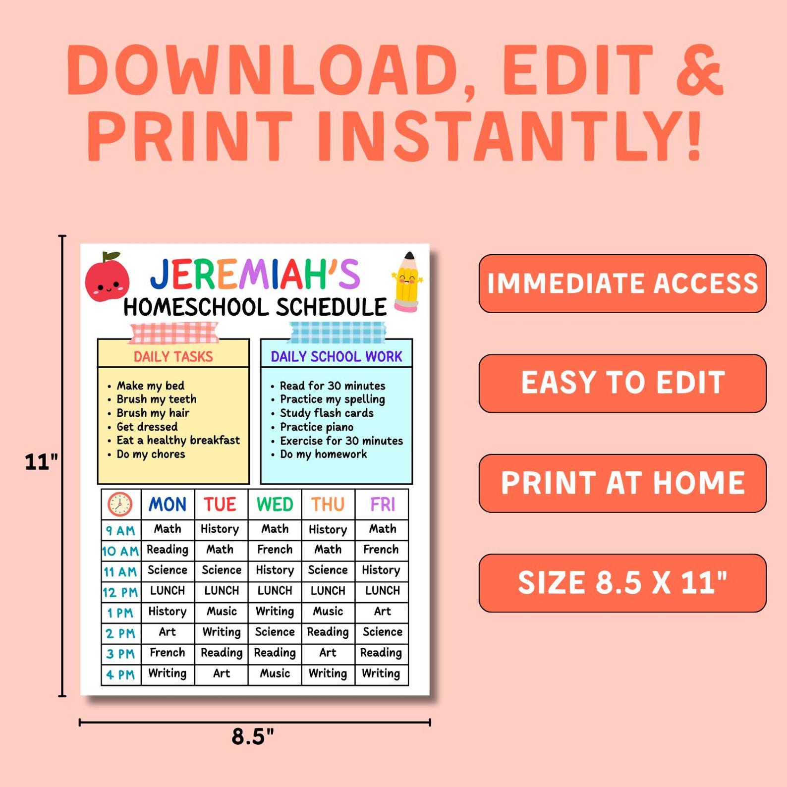 Editable Homeschool Schedule Template: Printable Daily Planner (canva ...