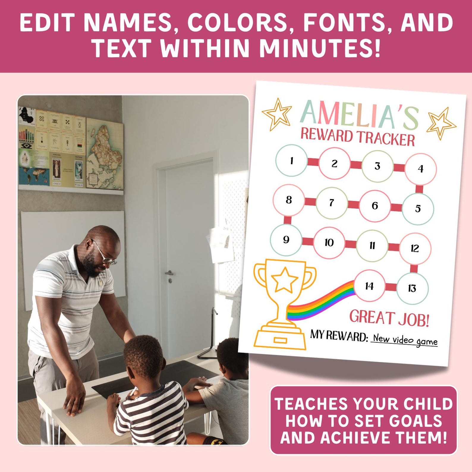 Editable Kids Reward Chart Printable: Chore & Goal Tracker (canva ...