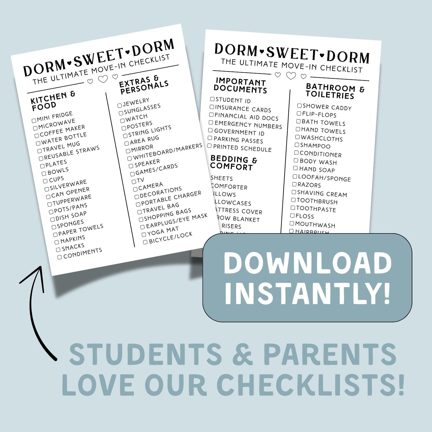 College Dorm Move-in Checklist Printable: Packing Essentials (PDF ...