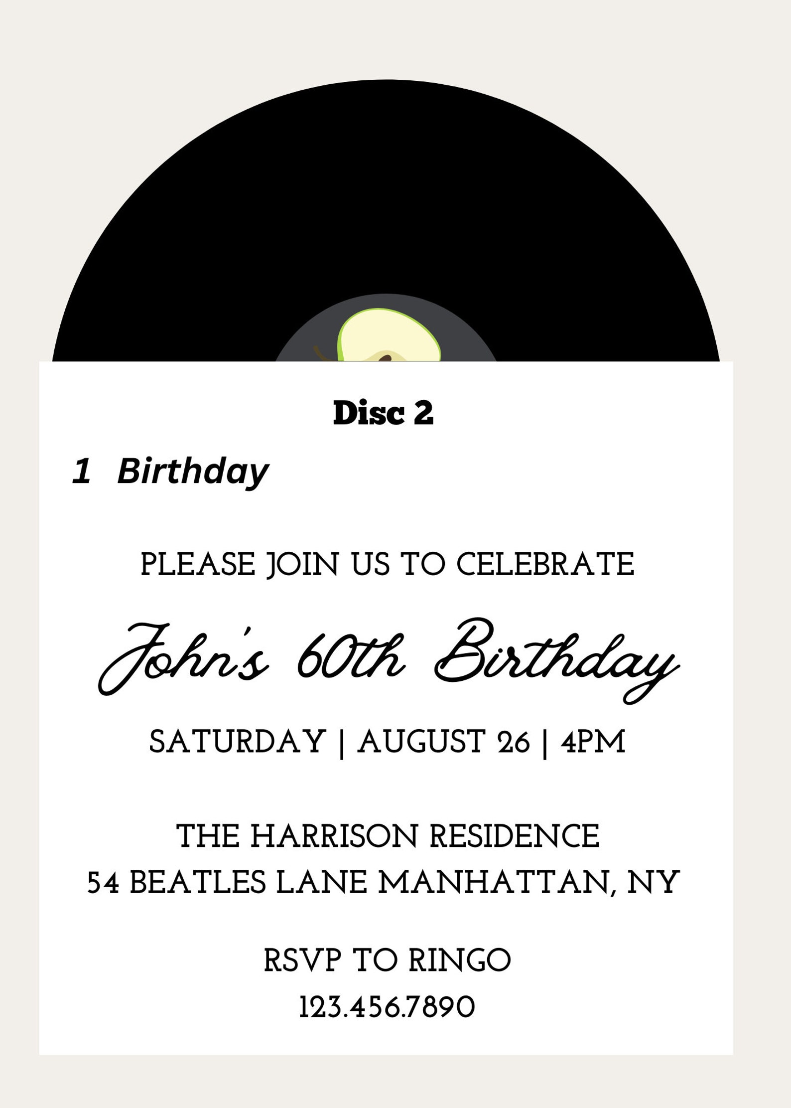 The Beatles Birthday Invitation: 1960s Vinyl Record Theme (digital ...