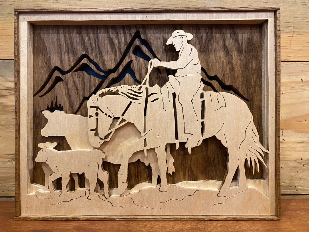 Western Art, Cowboy Art, Wood Shadow Box, Horse and Cows - Etsy