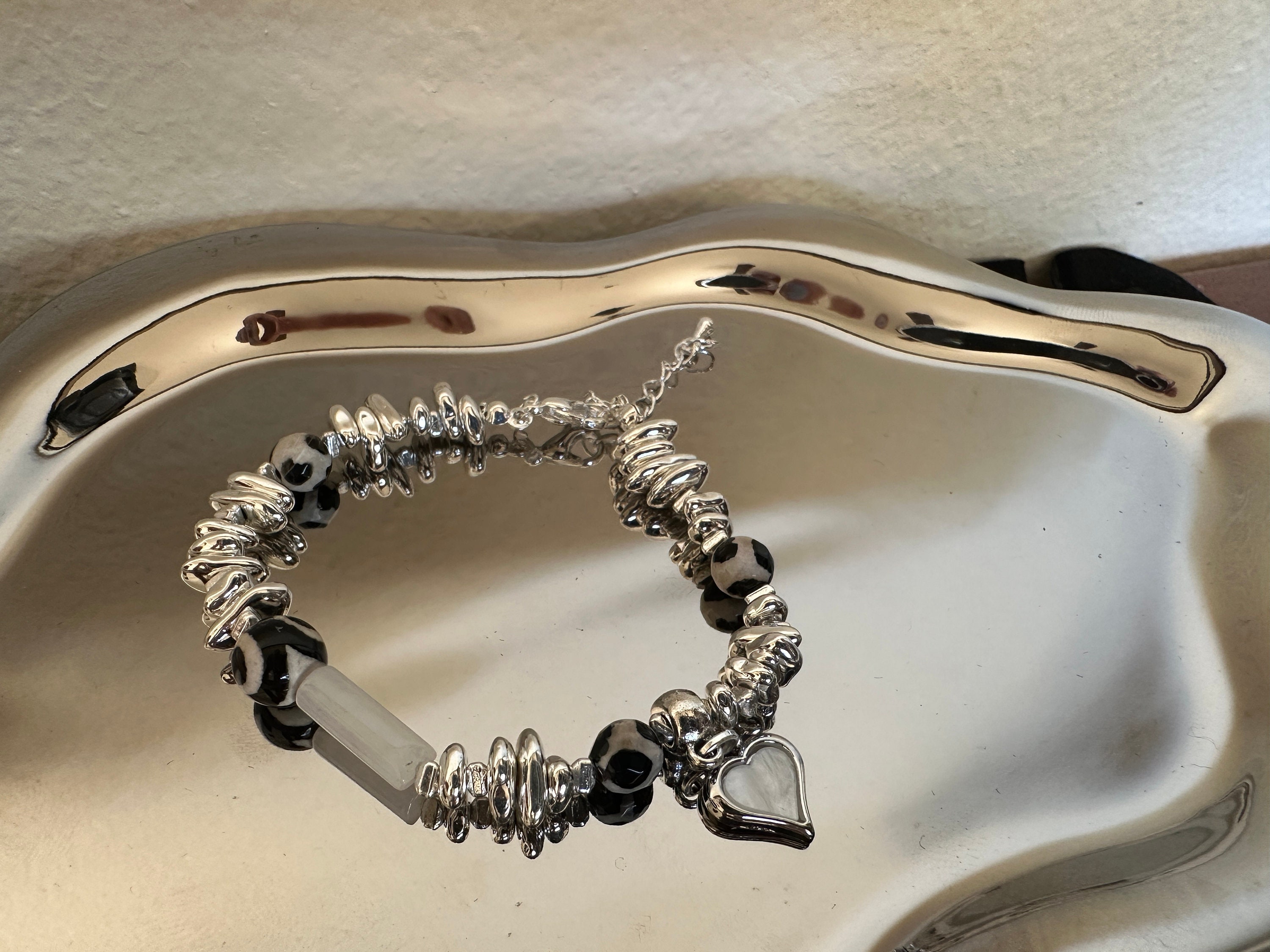 Y2K Beaded Bracelet, Grunge 2000s Bracelet, Silver Beads, Gothic Heart ...