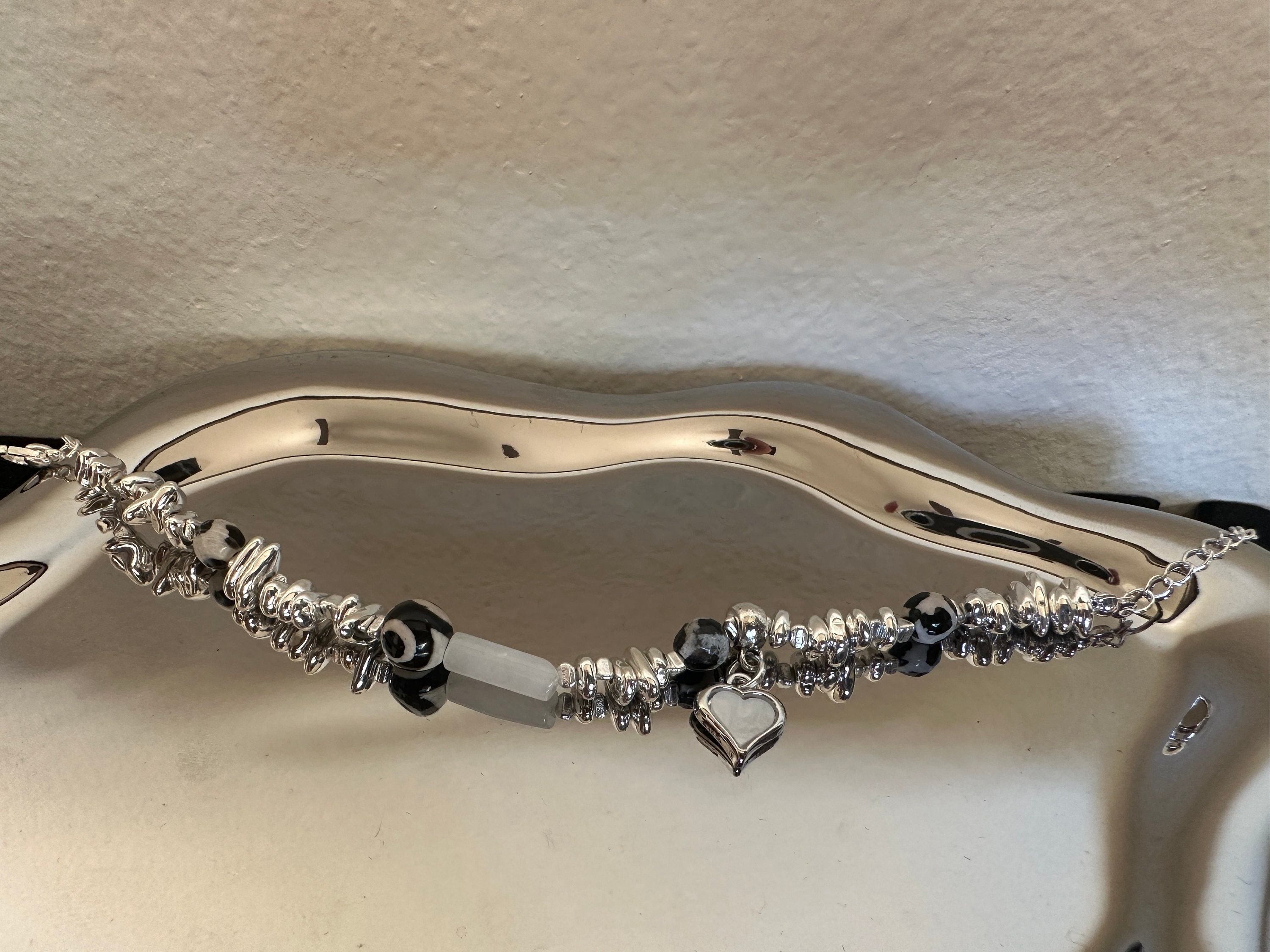 Y2K Beaded Bracelet, Grunge 2000s Bracelet, Silver Beads, Gothic Heart ...