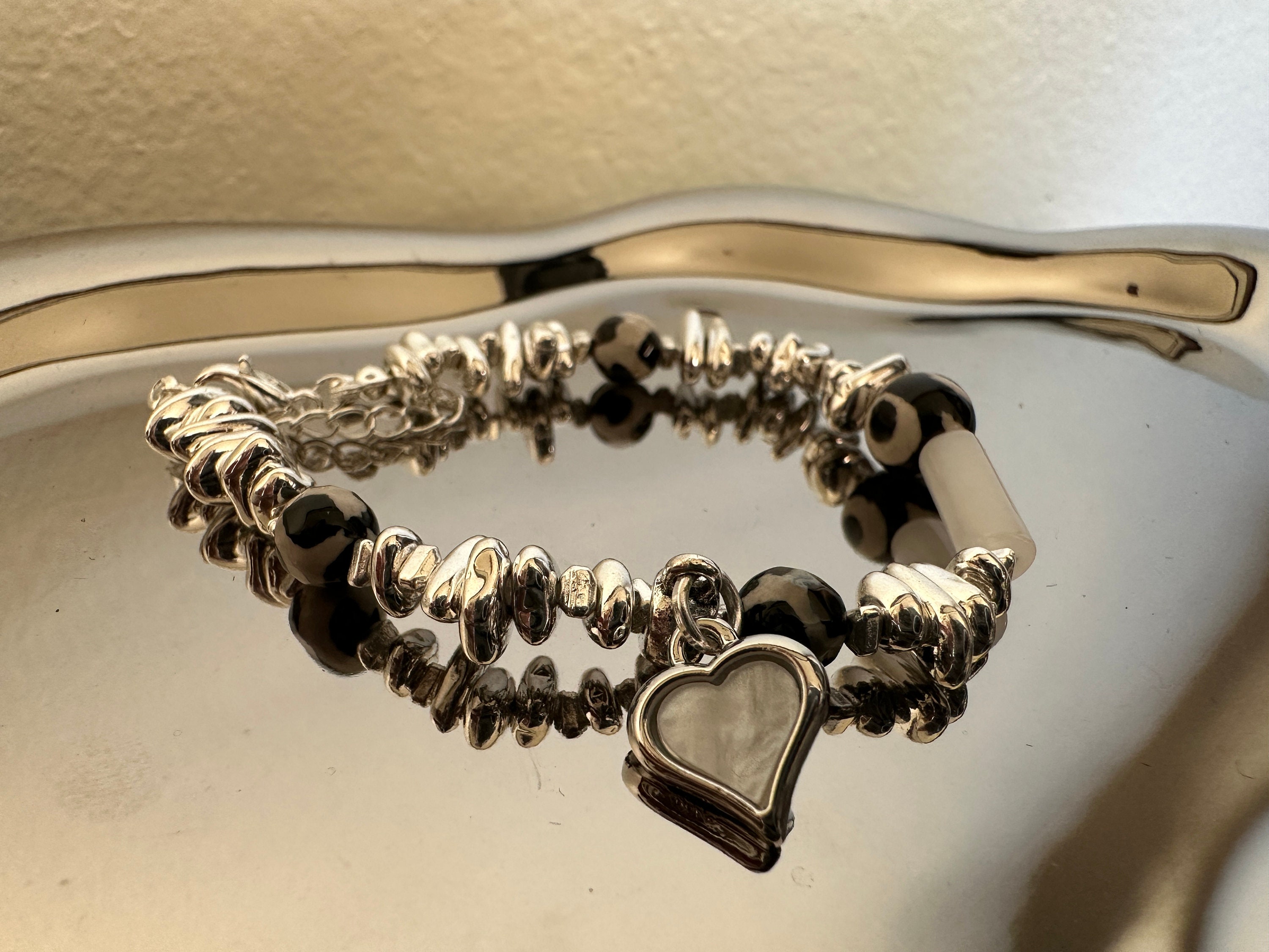 Y2K Beaded Bracelet, Grunge 2000s Bracelet, Silver Beads, Gothic Heart ...