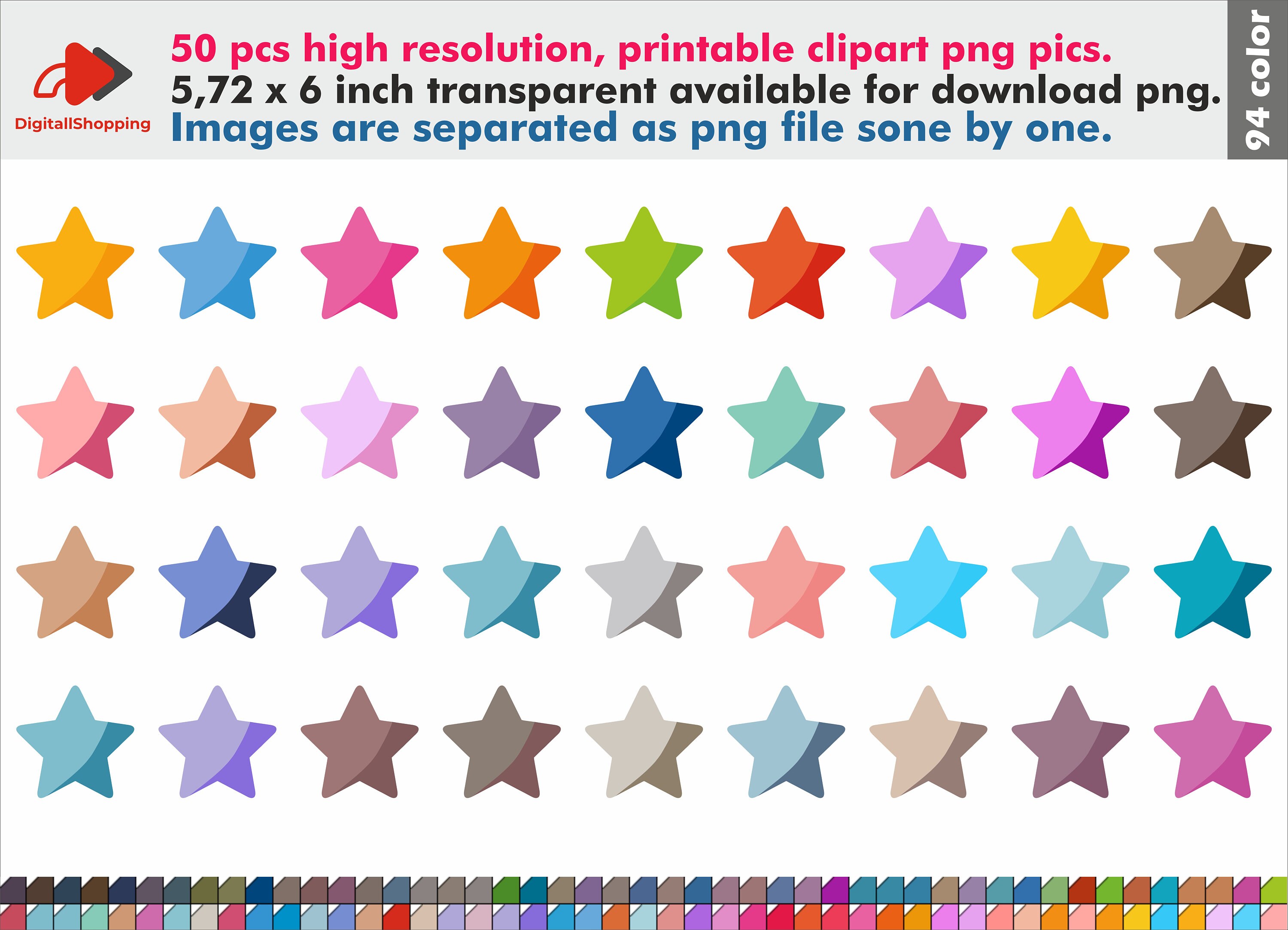 50 Star Clip Art, Digital Graphics PNG, Colorful Stars, Planner ...