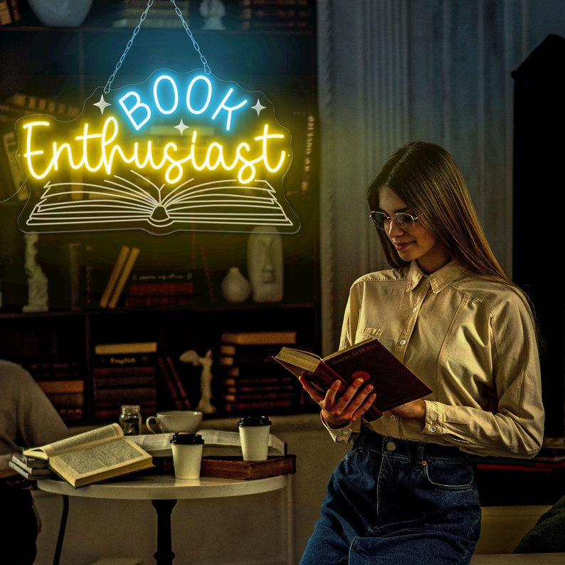 Book Enthusiast Neon Sign, Reading Book Led Sign, Library Wall Sign ...