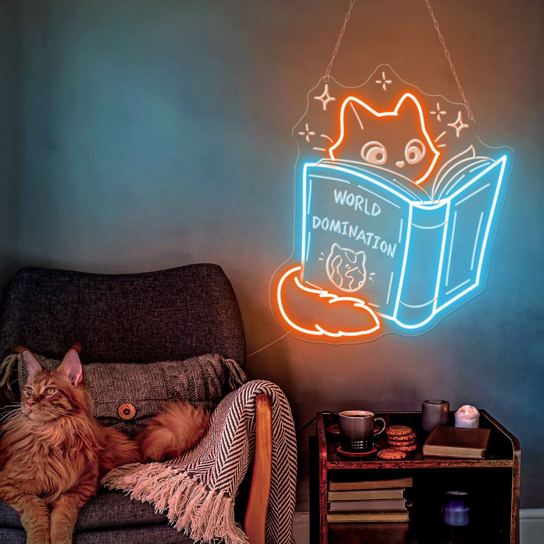 Books and Cat Neon Sign, Cat Sign 3D Carving Led Sign, Cat Read Book ...